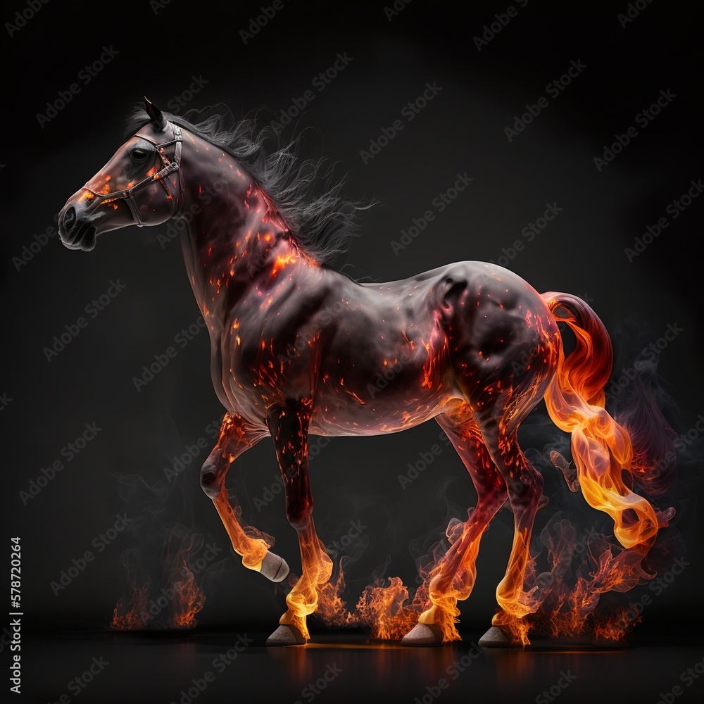 Fiery stallion. Horse mustang run black background draws a fiery plume ...