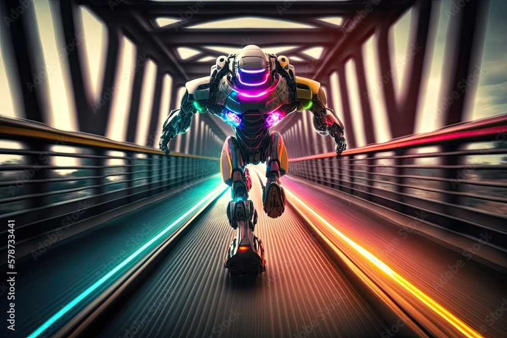Luminous, multicolored robot racing across a bridge from the future ...