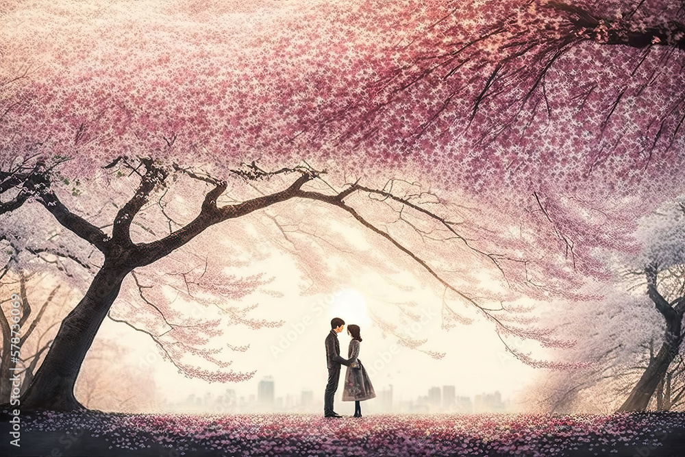 A beautiful Asian couple meet under cherry blossom trees. Anime style ...