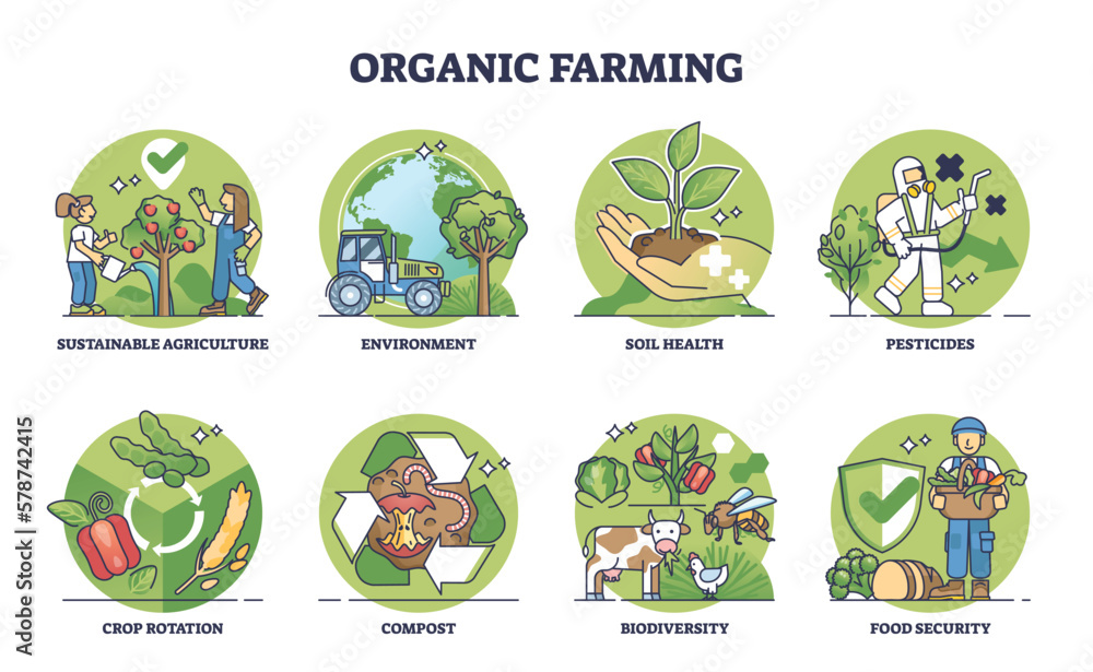 Organic farming elements and sustainable agriculture outline collection ...