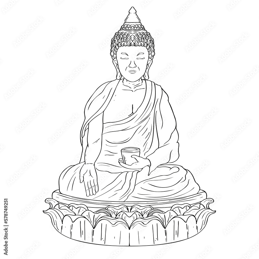 Vector de Stock Buddha line decorative outline drawing. Sketch of a sitting or meditating buddha ...