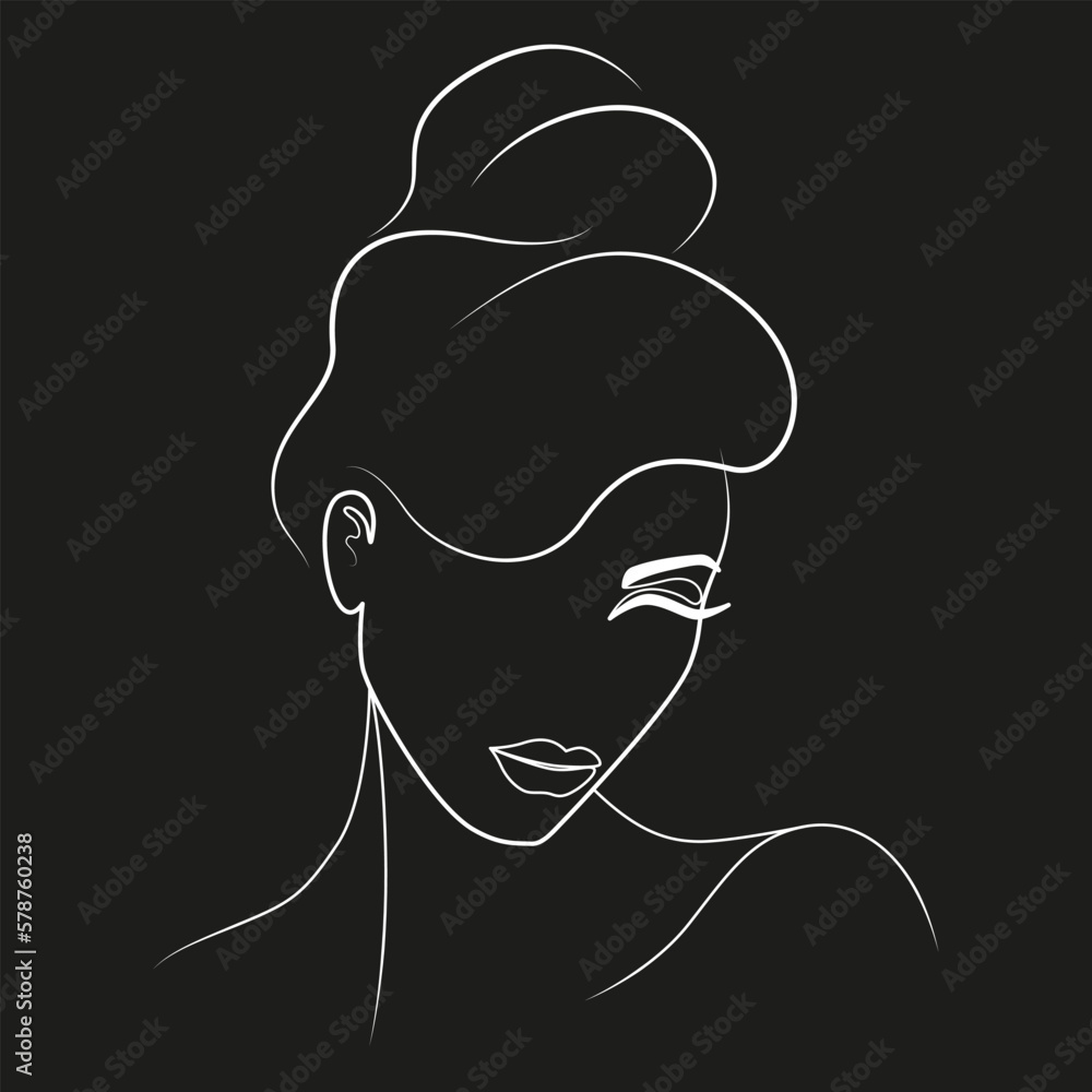 Beautiful woman line art vector illustration. Messy hair bun. Princess ...
