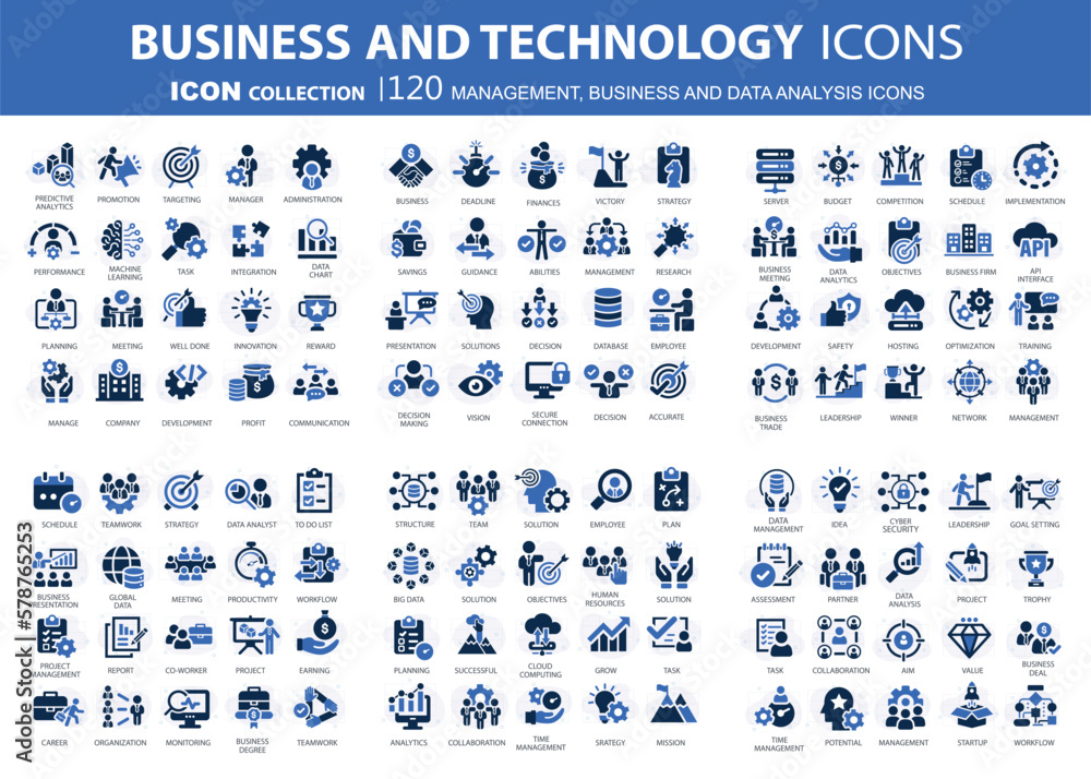Business, data analysis, organization management and technology icon ...