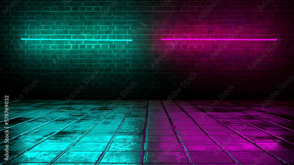 1980's style retrowave brickwall background with blue and purple light ...