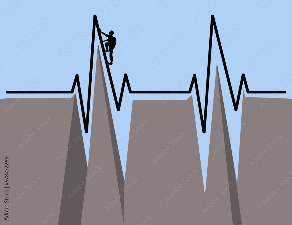 A bouldering, climbing guy is seen scaling the slope of an EKG graph ...