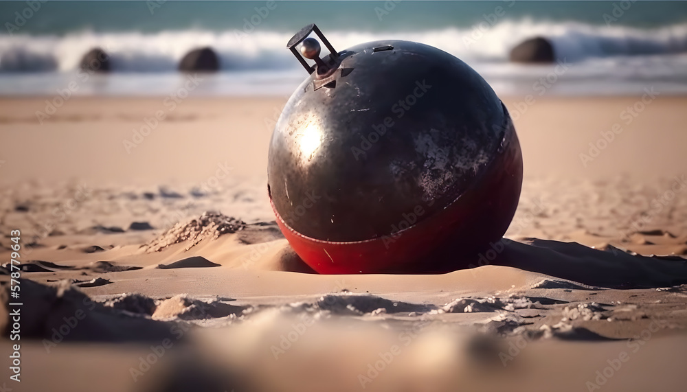 Marine mines for ship on beach of sea. Danger war bomb. Generation AI ...