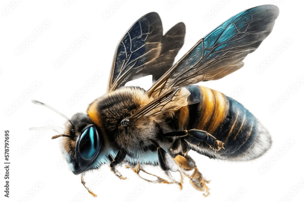 Stunning bee is flying, isolated on transparent background, macro ...
