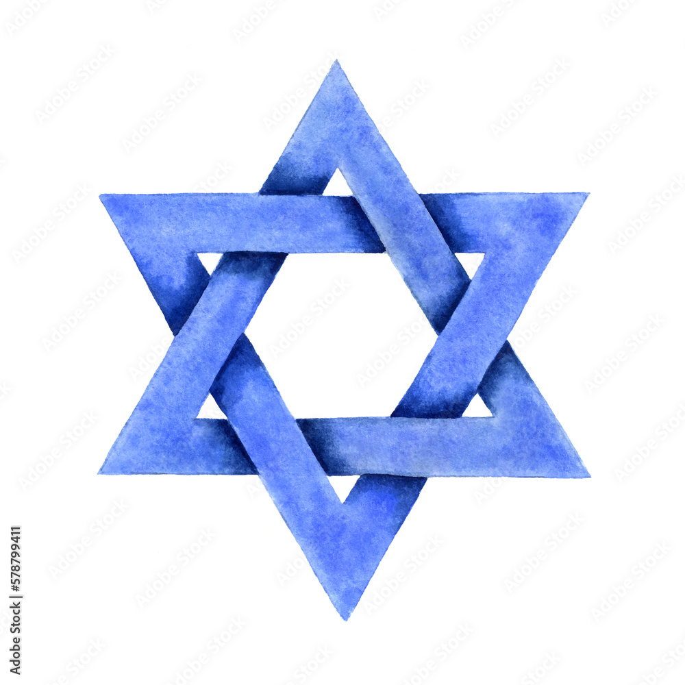 Star of David watercolor illustration. Blue six pointed Jewish Israeli ...