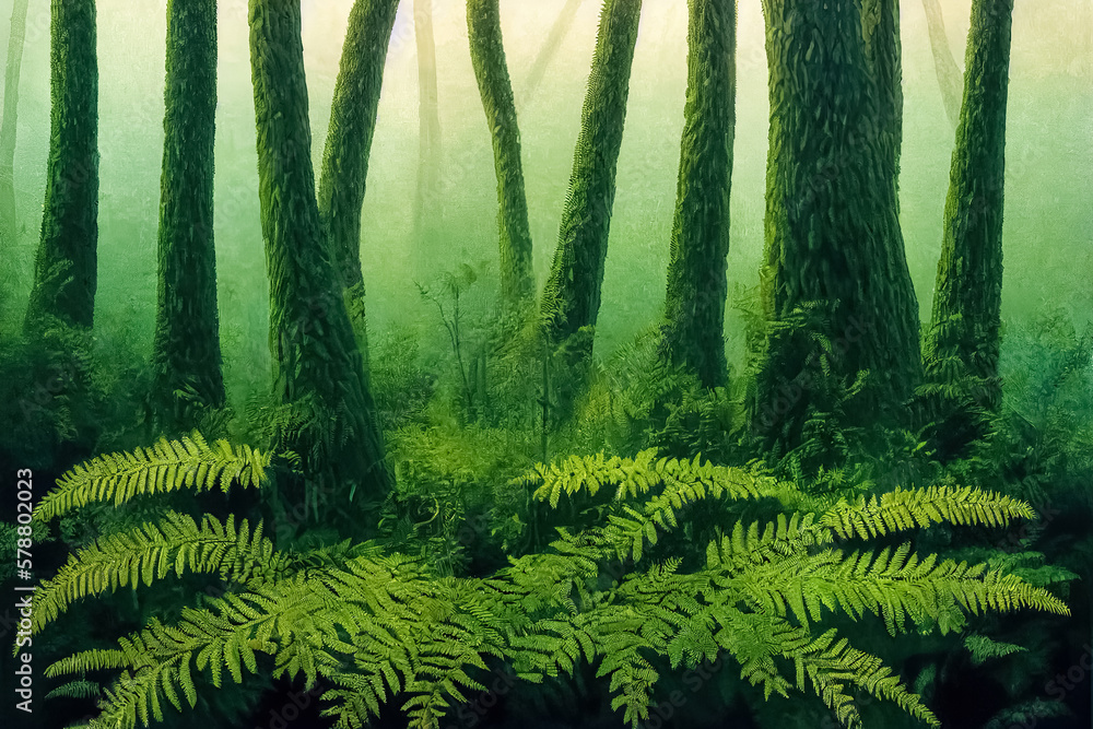 Prehistoric antediluvian forest landscape with primitive trees and ...