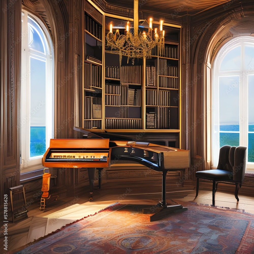 17. A music room with an instrument, a comfortable chair, and shelves ...