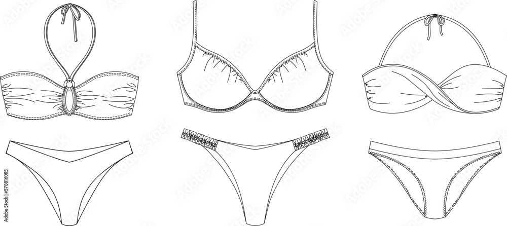 "Woman sustainable swimwear, technical drawing, template, sketch, flat ...