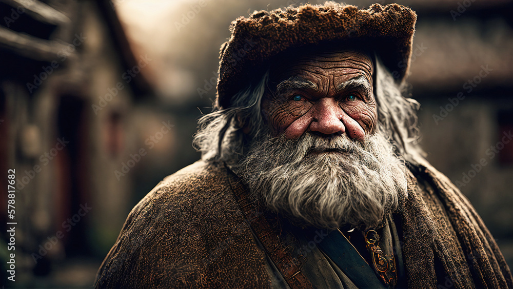 closeup of photo-realistic dwarf old man with beard and blue eyes face ...