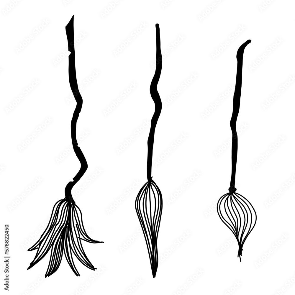 Cartoon witch brooms set. Halloween magic broom. Vector illustration in ...