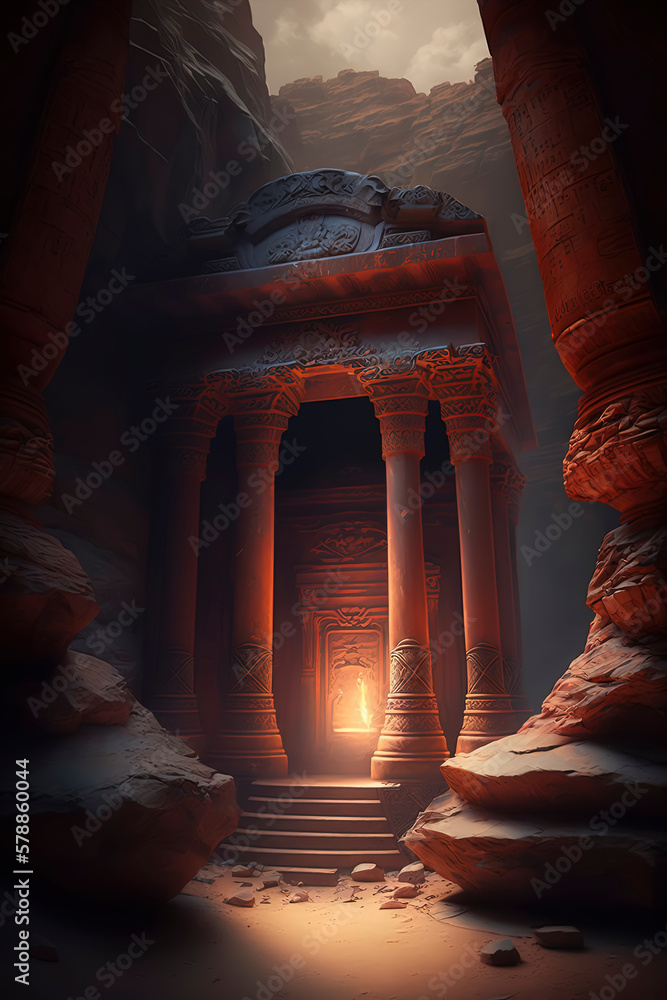 Temple of the Oracle inside the red orange granite canyon, fusion of ...