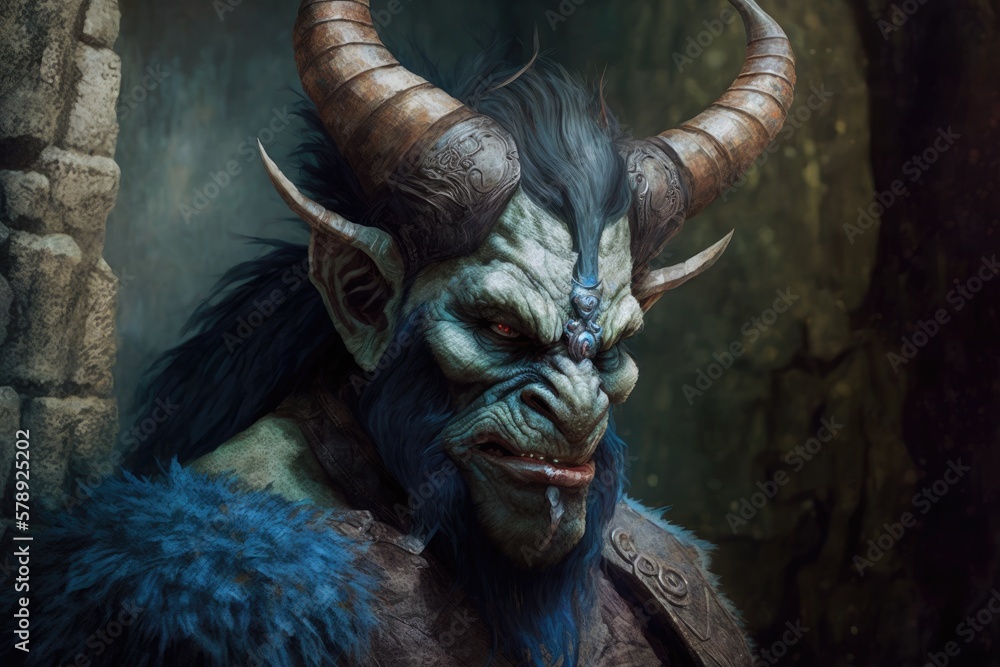 Mythical creature troll with an angry expression. Protective gear and ...