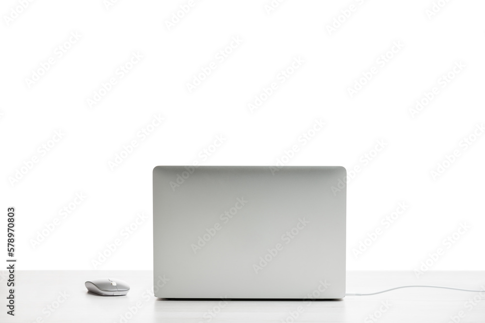 Back side of modern laptop on office table with mouse. PNG Image. Stock ...