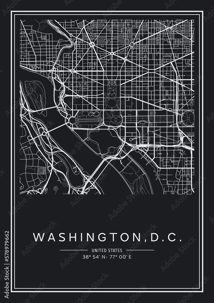 Black and white printable Washington, D.C. city map, poster design ...