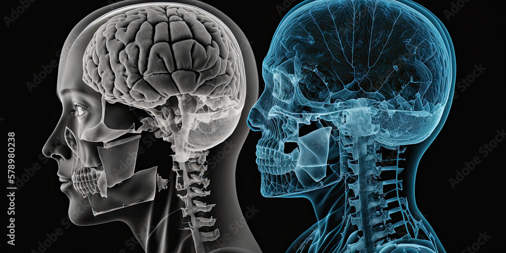 Lateral and AP (anterior-posterior) x-ray views of skull and cervical ...