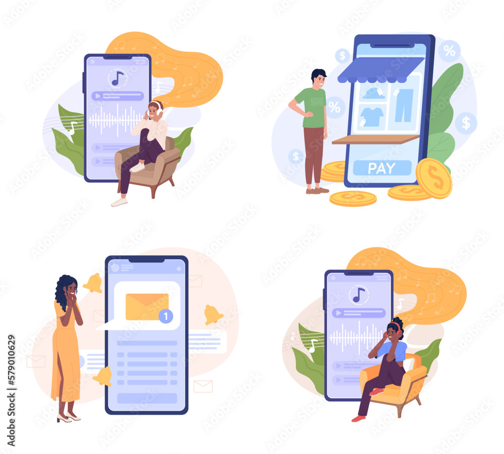 Mobile phone users flat concept vector spot illustration set. Editable ...