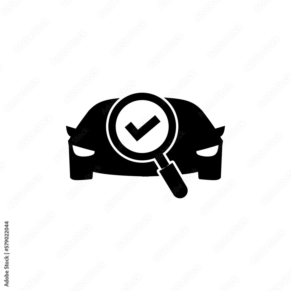 Car inspection. Inspection of a car by magnifying glass with tick mark ...