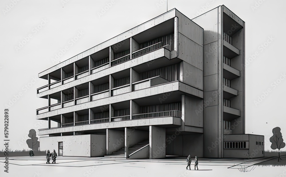 Minimalist architecture apartments/low-rise buildings in a brutalist ...