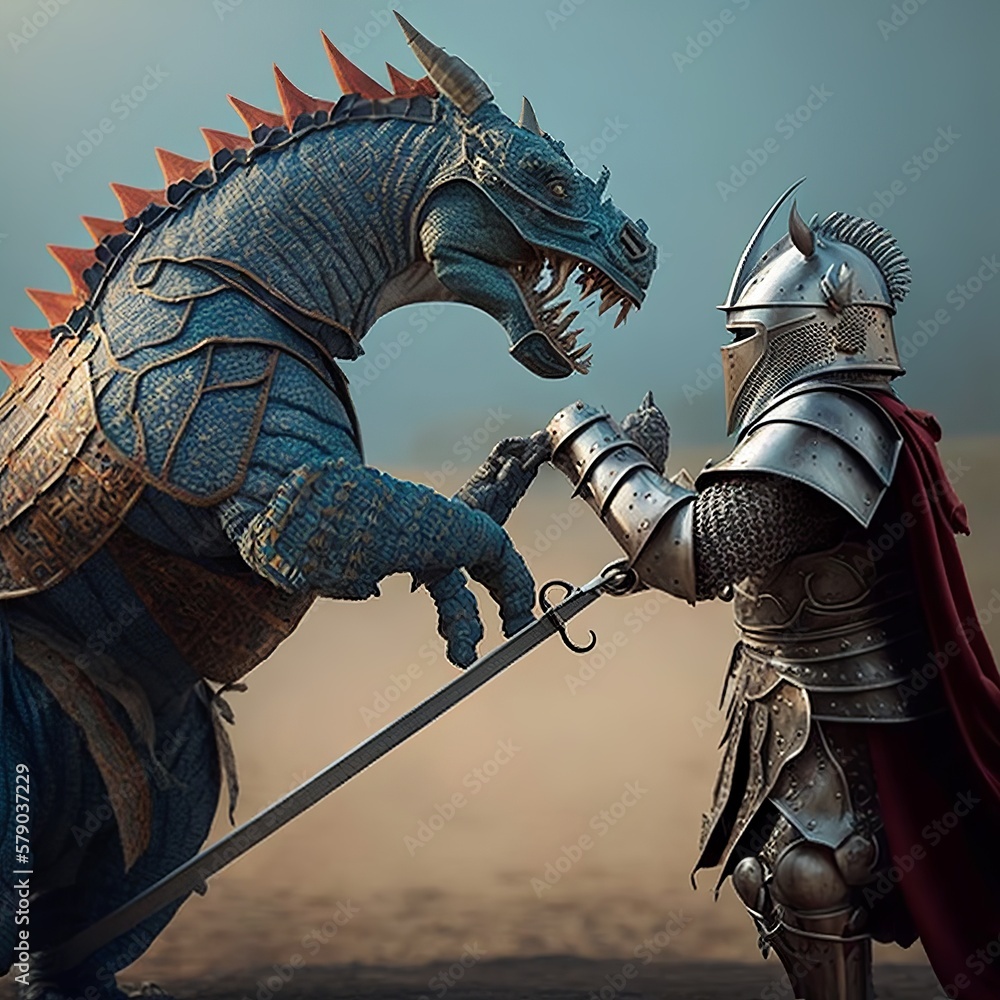 knight fights heroic fight against an angry dragon with a sword, in ...