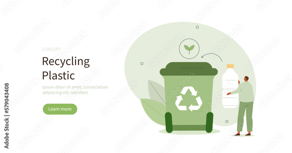 Sustainability. Characters throwing plastic bottle into recycling bin ...