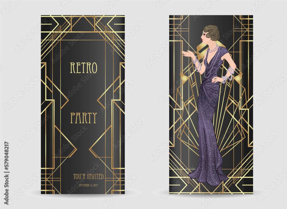 Flapper girl. Art deco (1920's style) vintage invitation template ...