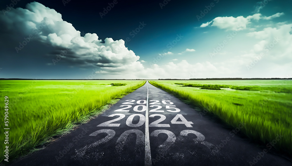 New year 2024 or straight forward road trip travel and future vision ...