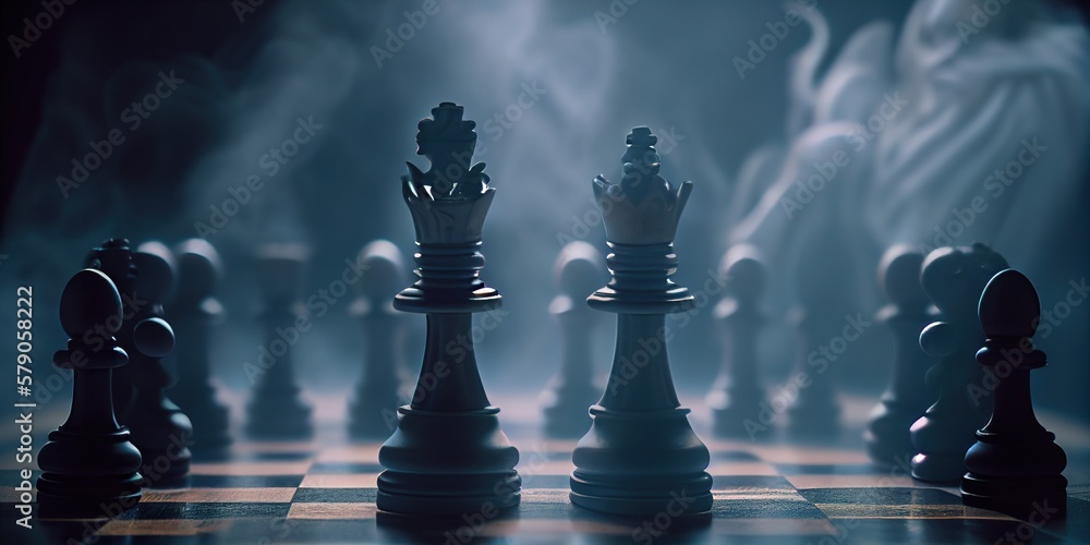 Chess figures on a dark background with smoke and fog. Epic chess game ...