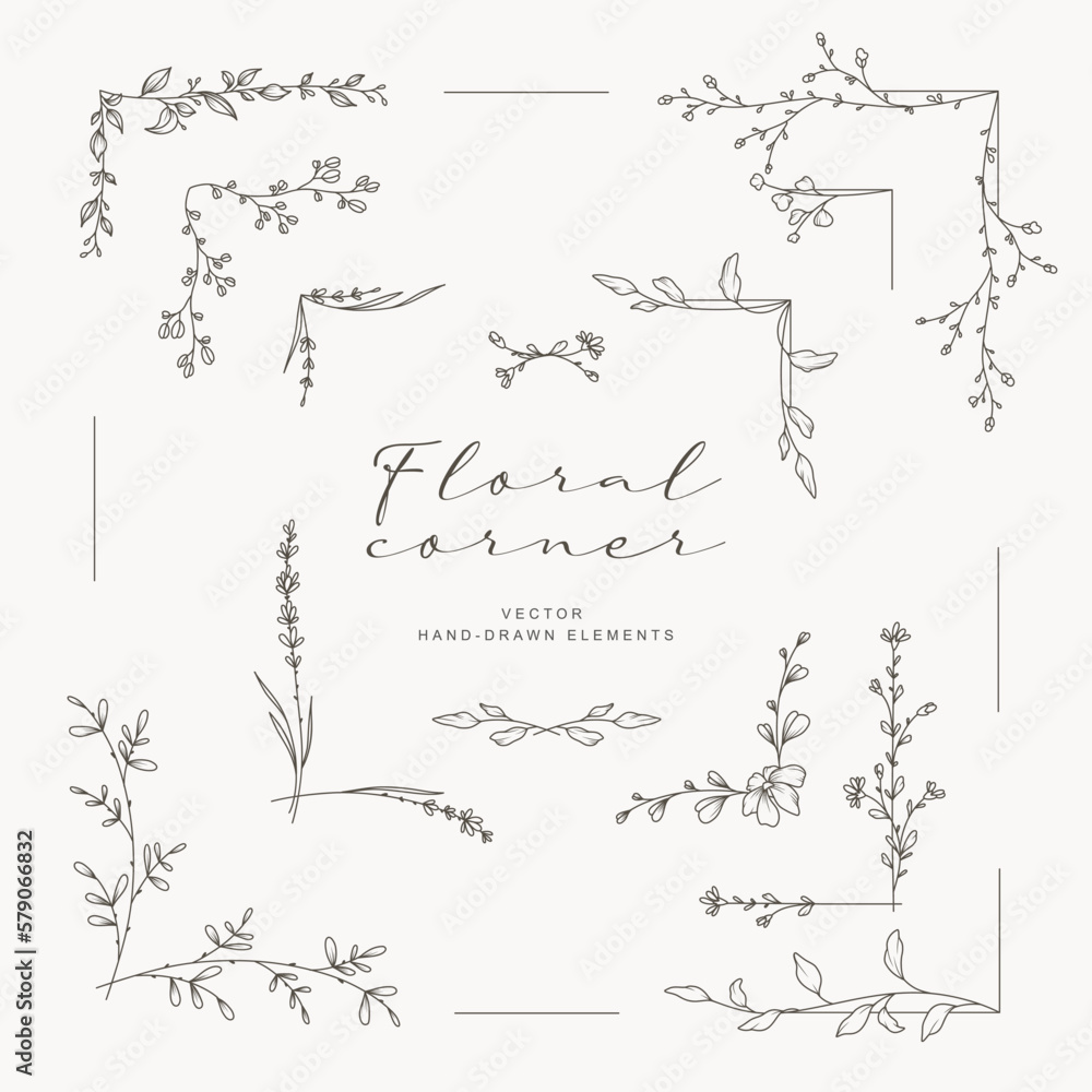 Hand drawn vintage floral corners. Trendy greenery elements for frame ...