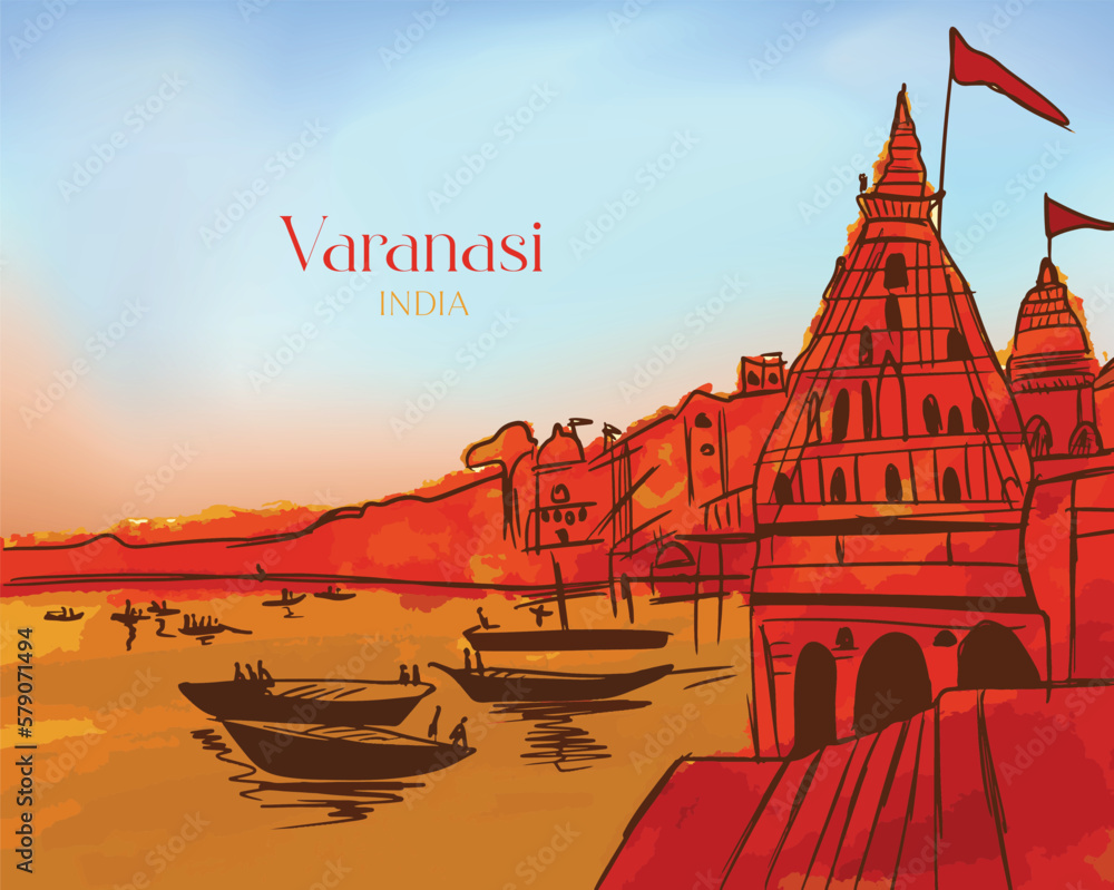 Varanasi City in Uttar Pradesh, India. Watercolor with Hand drawn ...