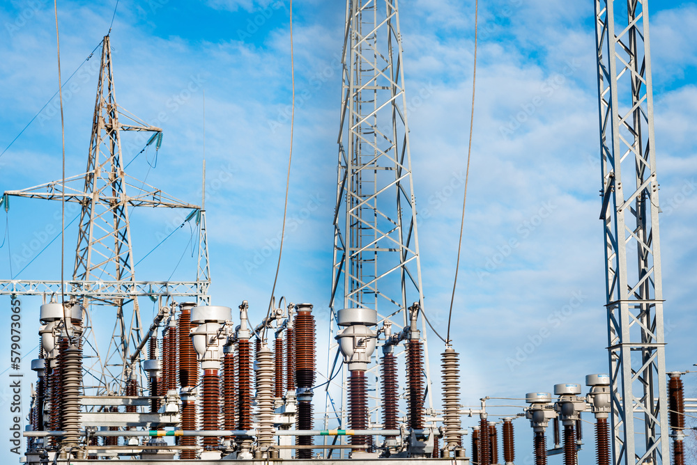 High voltage circuit breaker in a power substation.Electric power ...