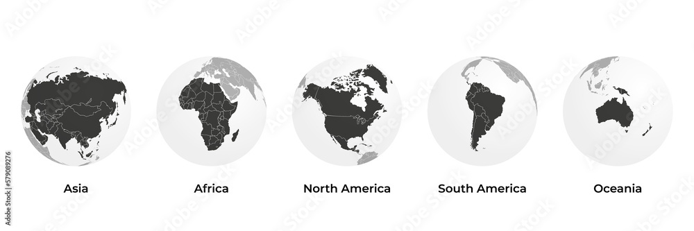 Earth map globe icon set with five continents transparent background ...