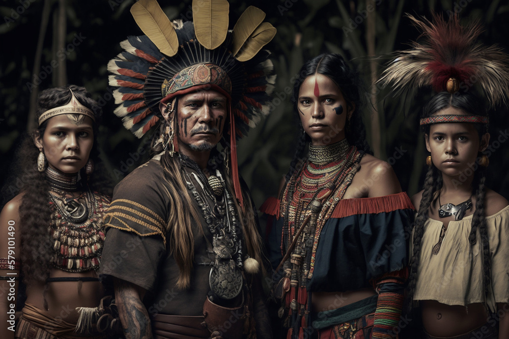 Indigenous people from the Amazon in traditional dress, created by a ...