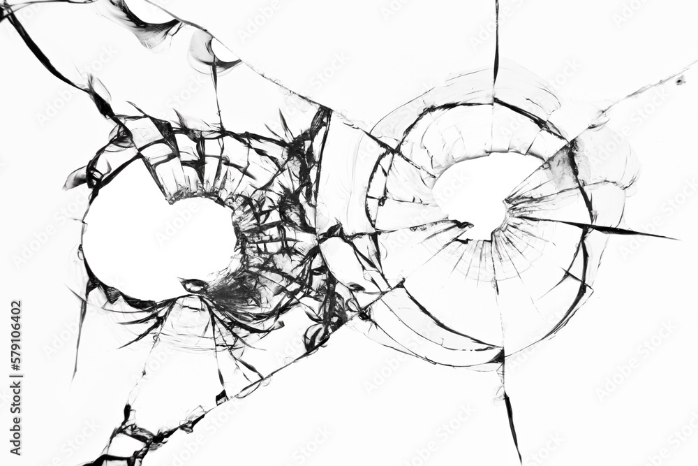 The effect of broken glass from a shot. Holes from pistol bullets in the windshield of a car ...