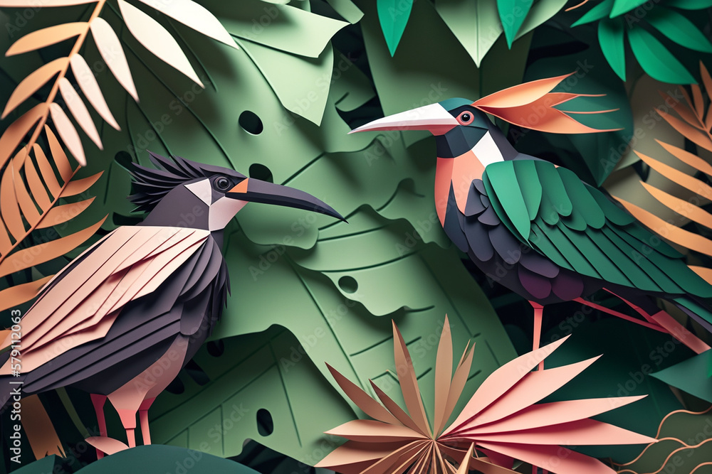 tropical leaves and birds in origami style, created by a neural network ...