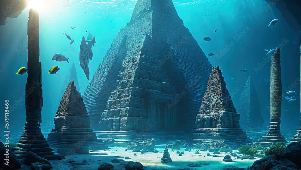 underwater view of an ancient Atlantis city with huge pyramid temple ...