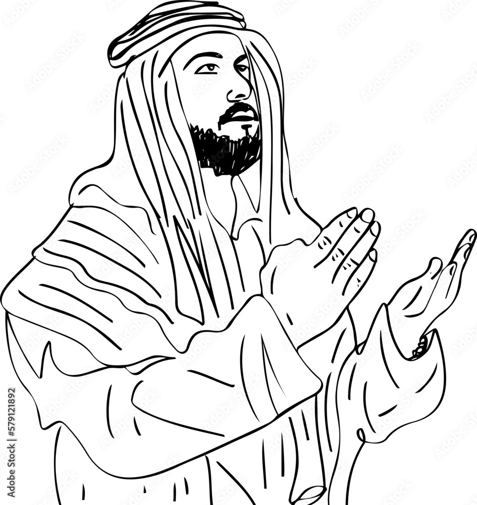 Outline vector illustration of arab man doing prayer, Sketch drawing of ...