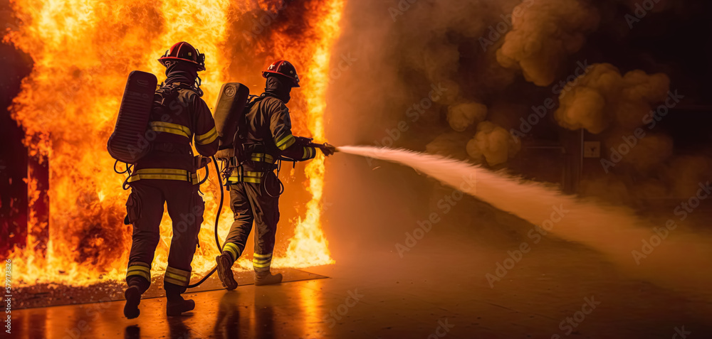 fireman using water and extinguisher to fighting with fire flame in an ...