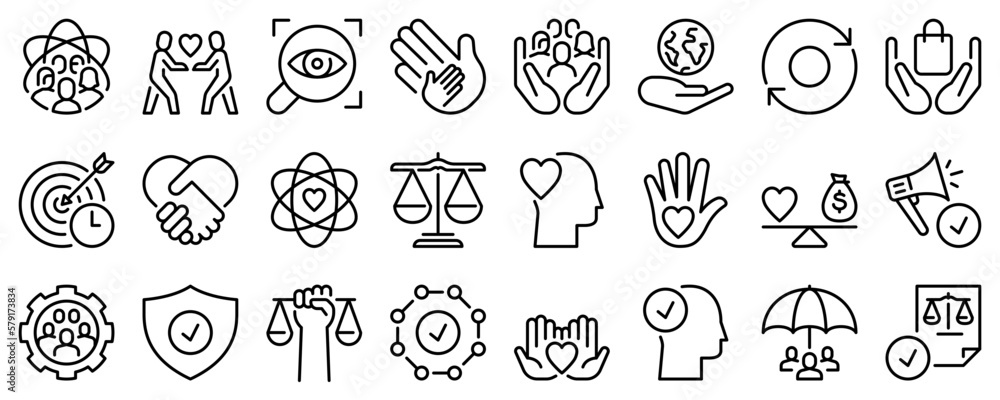 Line icons about social responsibility on transparent background with ...