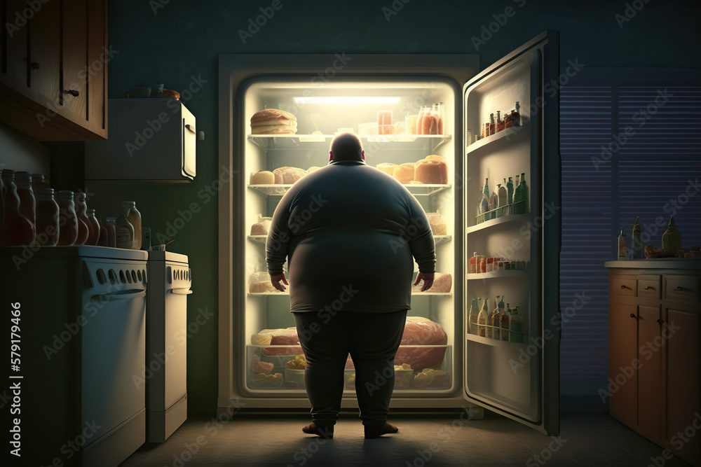 A very fat man looks into an opened fridge, concept of Obesity and ...