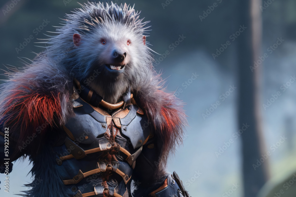 Fantasy Warrior In Armor with Head of a Porcupine Anthropomorphic ...