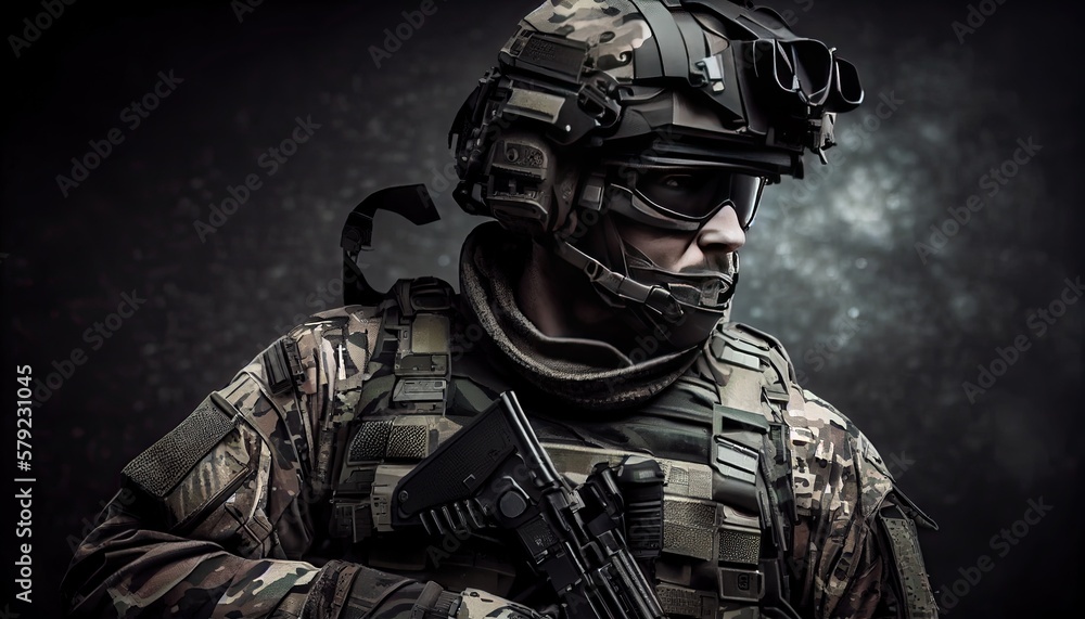 Elite unit special forces soldier in camouflage uniform posing with ...