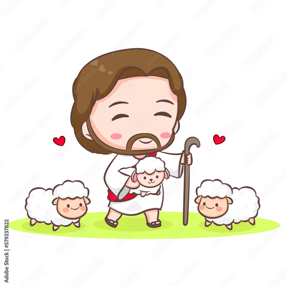 Cute Jesus Christ and the sheep cartoon. Hand drawn Chibi character ...