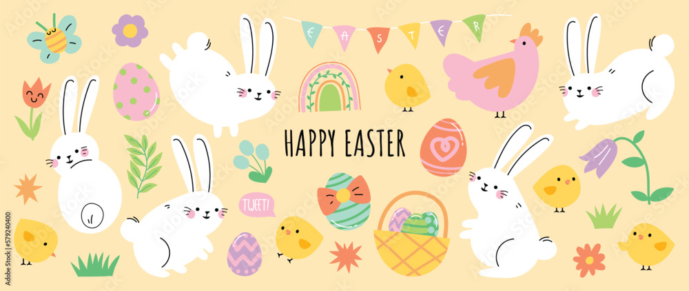 Happy Easter comic element vector set. Cute hand drawn rabbit, chicken ...