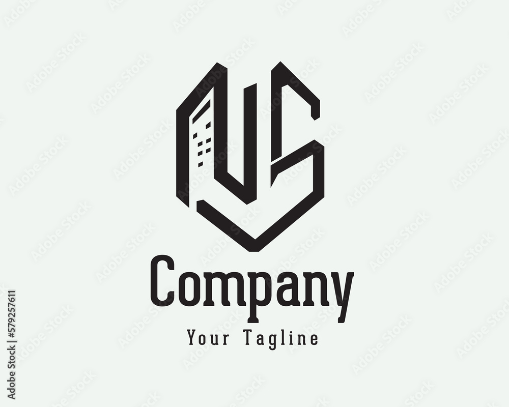 hexagon NS initial line art building construction logo icon symbol ...