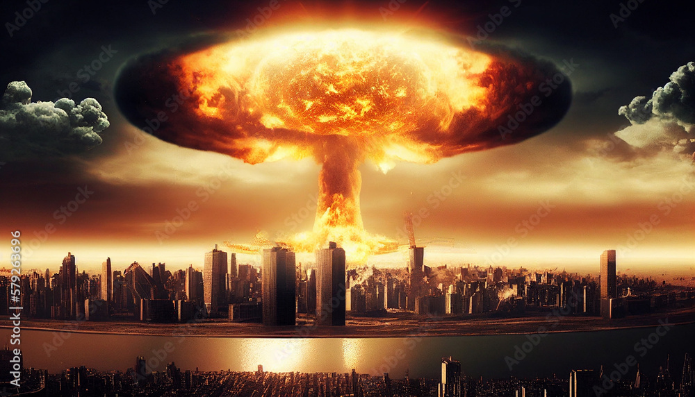 Nuclear bomb explosion over a modern city during world war. Stock Photo | Adobe Stock