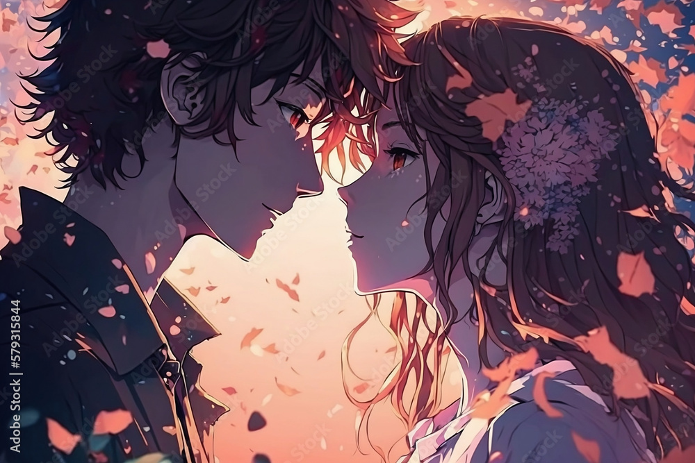 Magical Moment: Romantic Anime Couple Sharing a Passionate Kiss Under ...