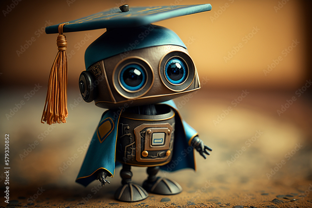 Little cute robot wearing a graduation cap, beautiful big eyes, robot ...